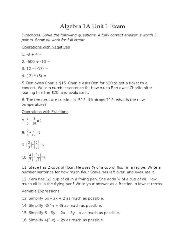 Algebra 1A Unit 1 Exam | PDF | Teaching Mathematics | Business