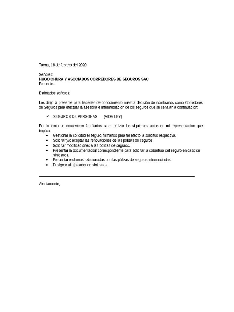 Carta de Nombramiento - Seguro Vida Ley | PDF