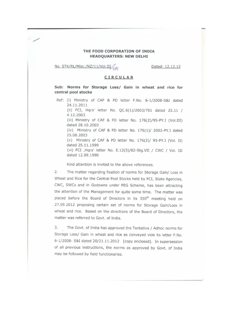 Circular Dated 12.12.2012 On Storage Loss Norm PDF | PDF
