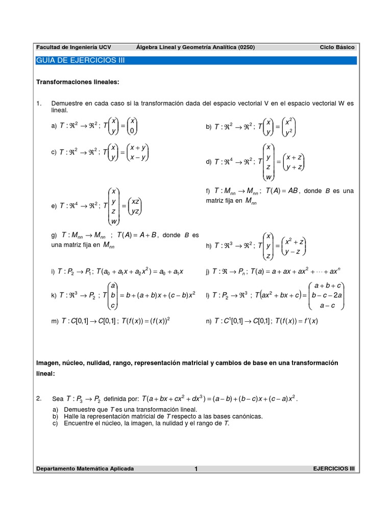 Guía de Ejercicios de Transformaciones Lineales | PDF | Mapa lineal | Matriz (Matemáticas)
