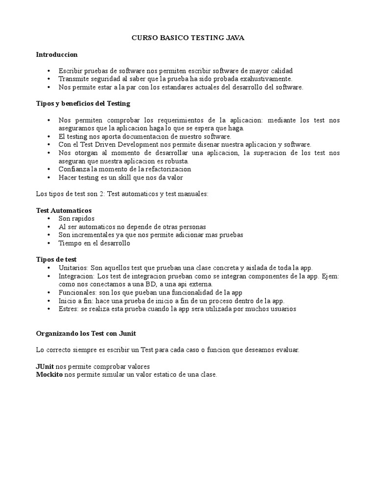 Curso Basico Java Testing | PDF | Pruebas de software | Desarrollo ...