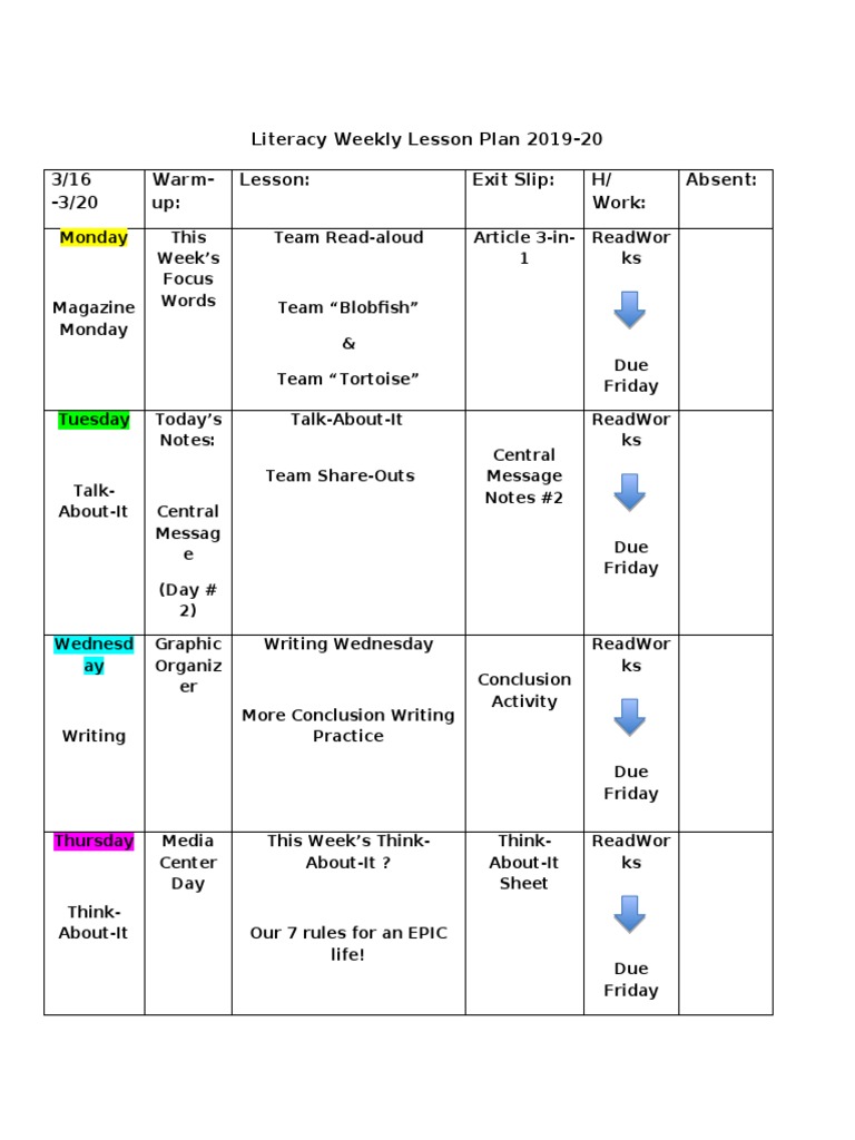 Literacy Weekly Lesson Plan | PDF