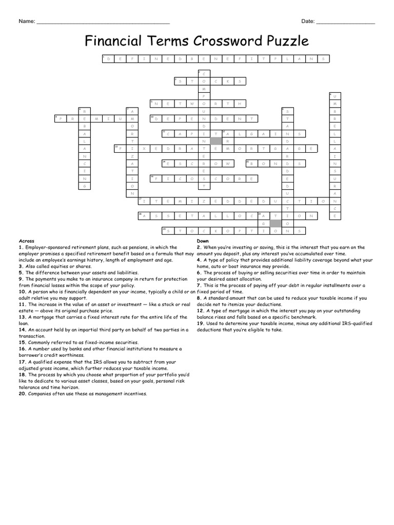 Financial Terms Crossword Puzzle Answer Key PDF | PDF | Mortgage Loan ...