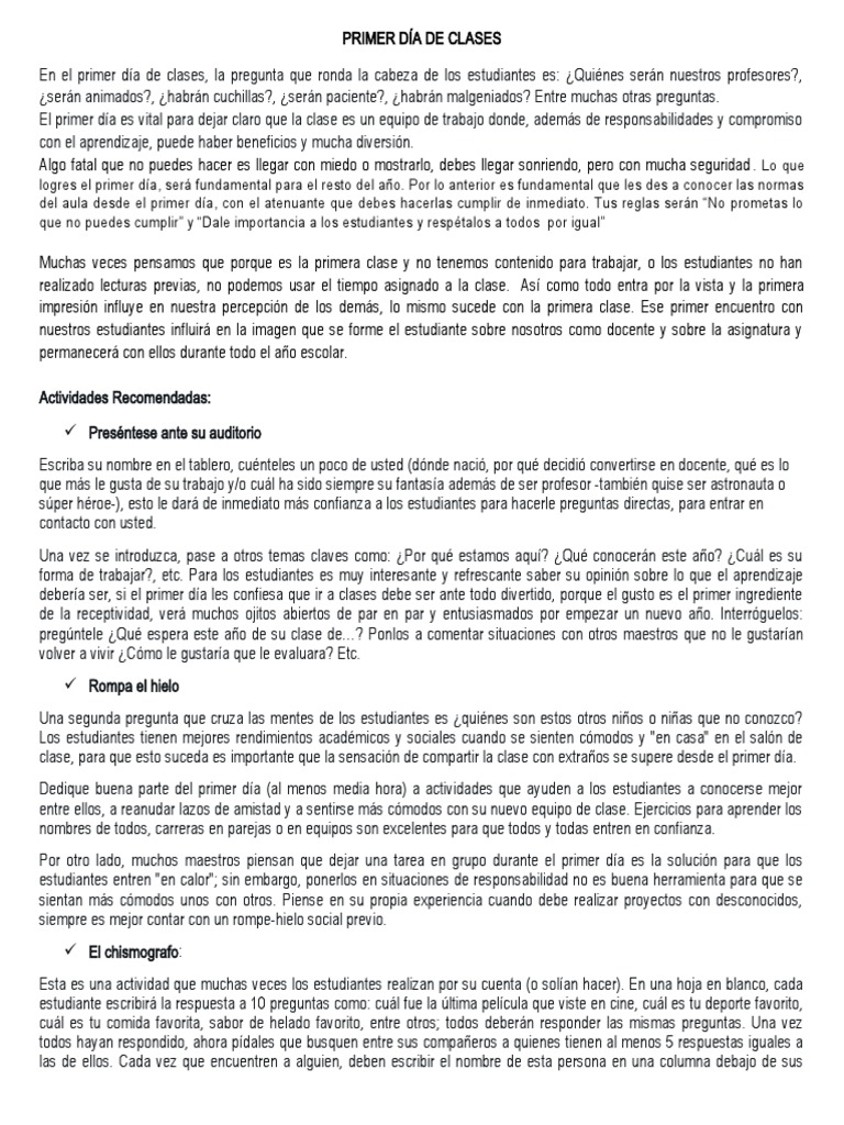 Actividades para el Primer Día de Clases | PDF | Enseñando y aprendiendo