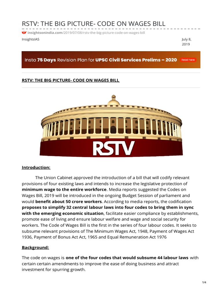 RSTV The Big Picture - Code On Wages Bill | PDF | Minimum Wage | Wage