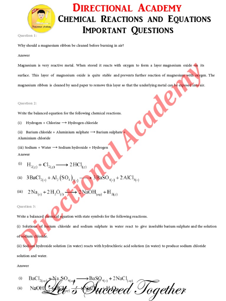 Chemical Reactions and Equations-Important Questions | PDF | Chemical ...