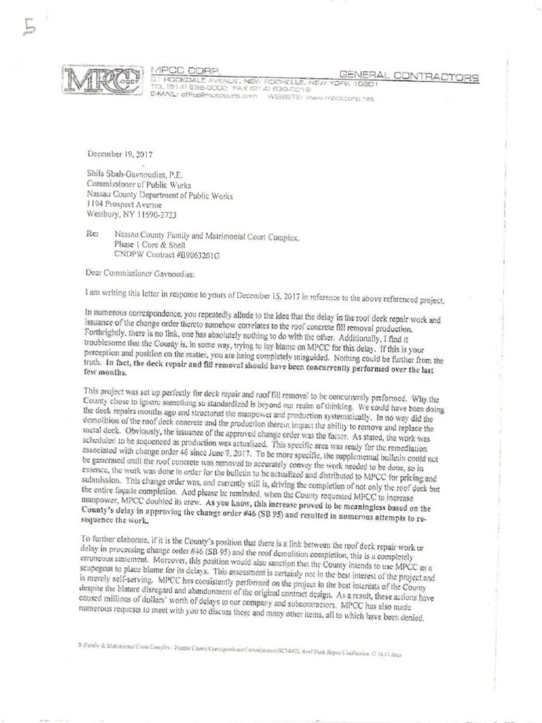 The Main Construction Contractor MPCC Corp.'s Letter To Nassau County | PDF