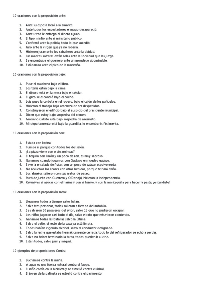 10 Oraciones Con La Preposición Ante | PDF