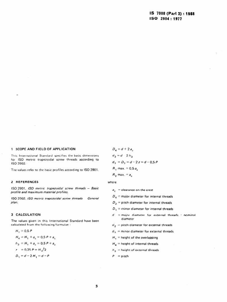 IS 7008 (Part 3):1988 - Metric trapezoidal screw thread dimensions ...