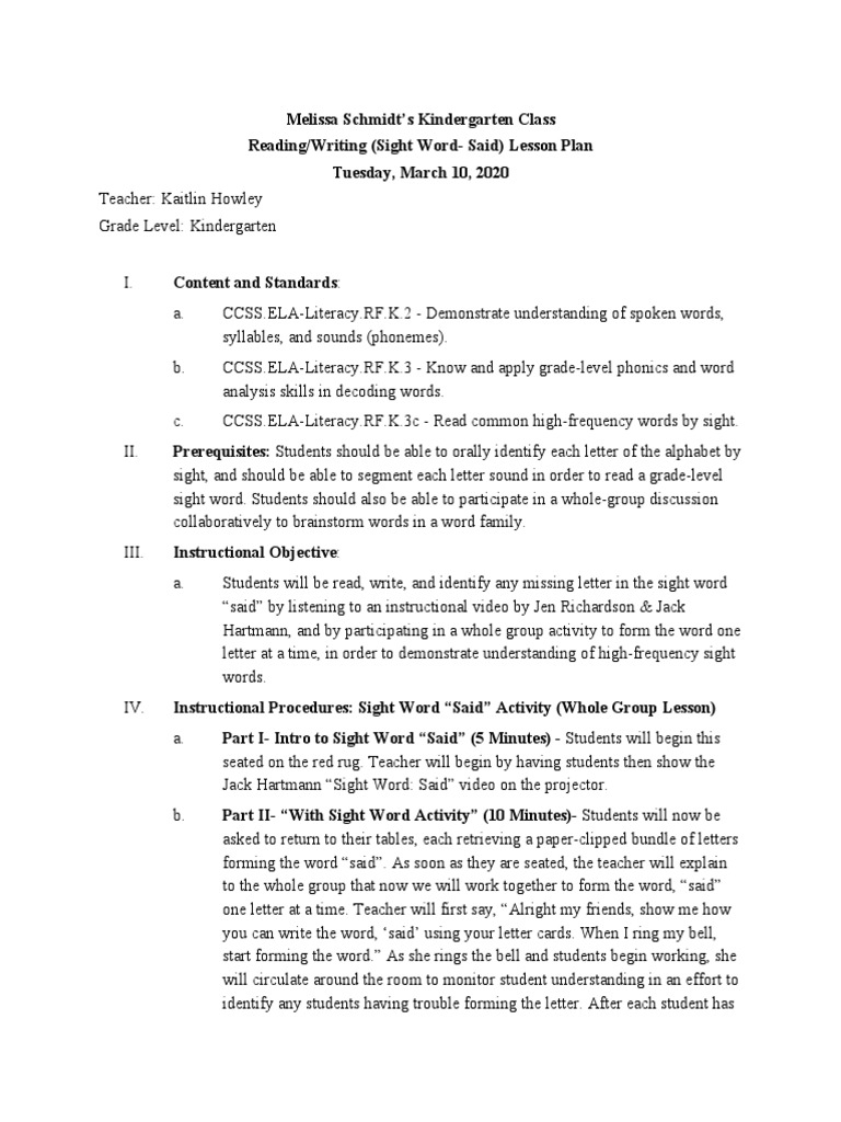 Sight Word Said Lesson Plan 3 10 | PDF | Phonics | Teaching