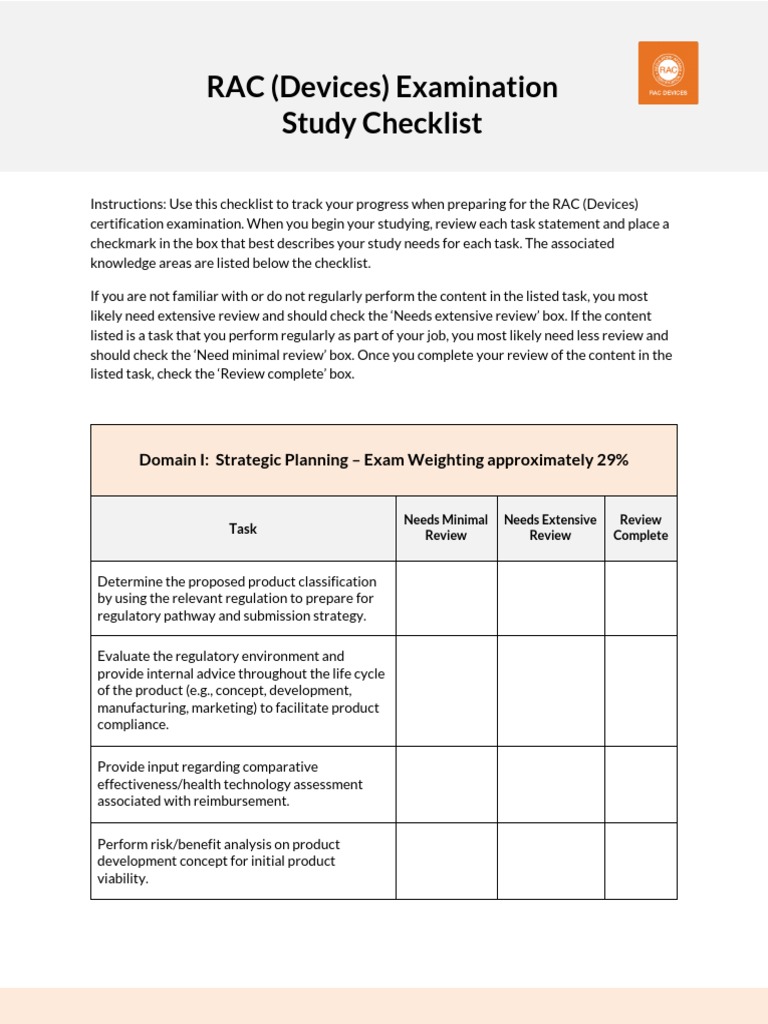 RAC Device Study Checklist | PDF | Regulatory Compliance | Test ...
