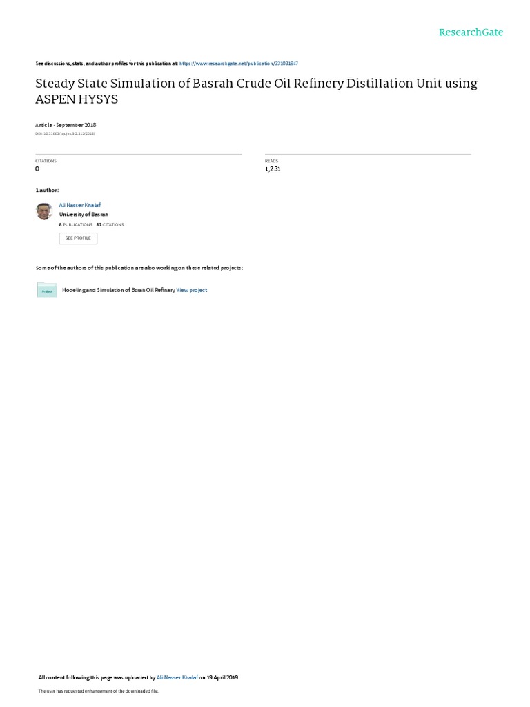 Steady State Simulation of Basrah Crude Oil Refinery Distillation Unit Using ASPEN HYSYS ...