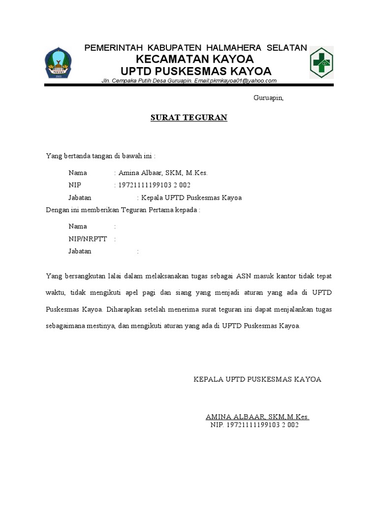 Surat Teguran ASN UPTD Puskesmas Kayoa | PDF