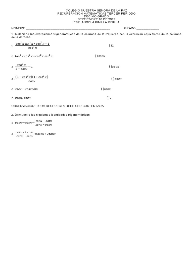 Recuperación Tercer Período Décimo | PDF