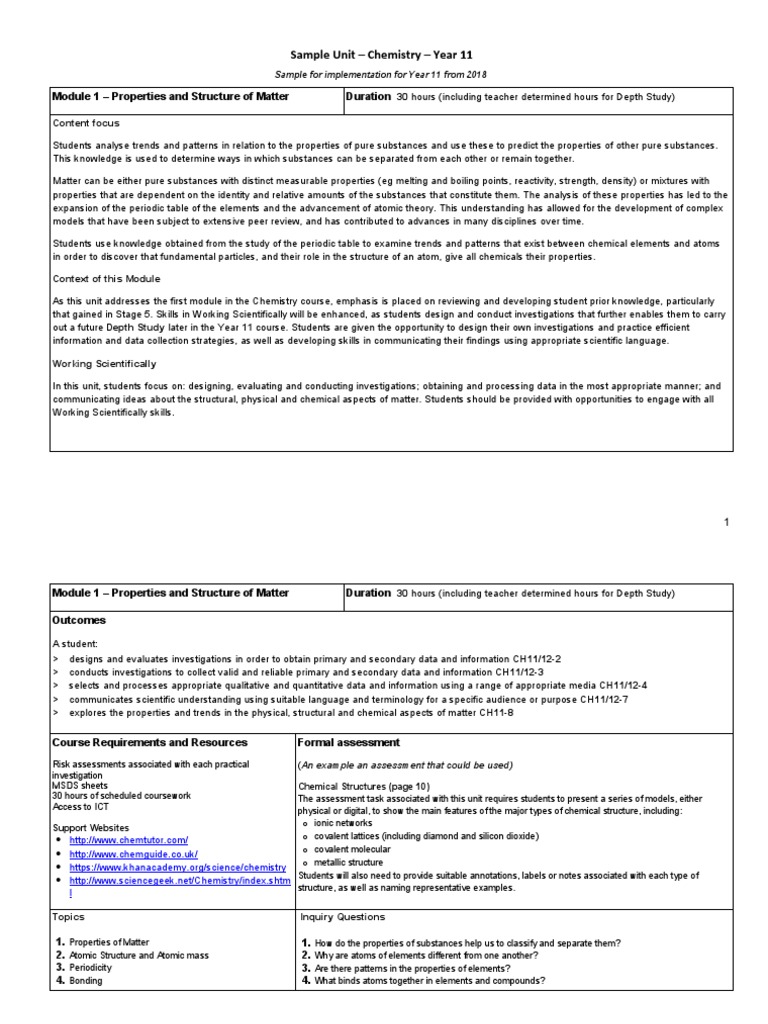 Chemistry Stage 6 Year 11 Sample Unit Module 1 Properties and Structure ...
