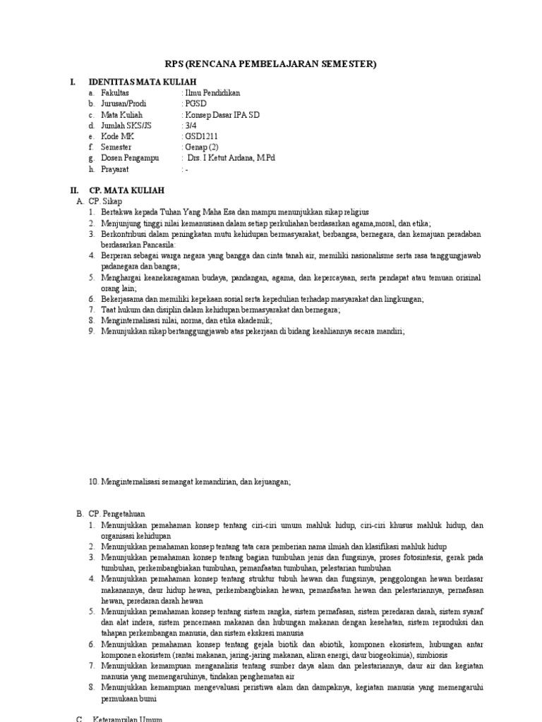 RPS Konsep Dasar Ipa SD | PDF | Sains & Matematika