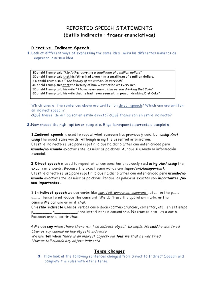REPORTED SPEECH Statements (English and Spanish) | PDF | Linguistics ...