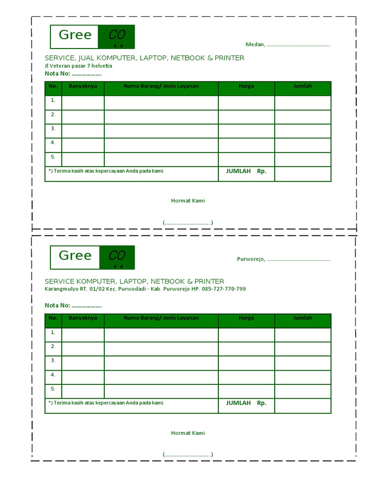 Template Nota Microsoft Word - Green Purworejo | PDF