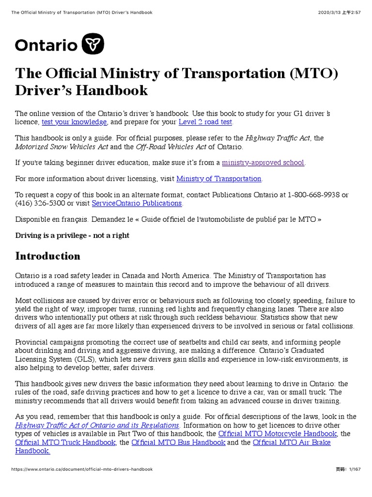 Ontario MTO Driver's Handbook Guide | PDF | Driving | Driver's License