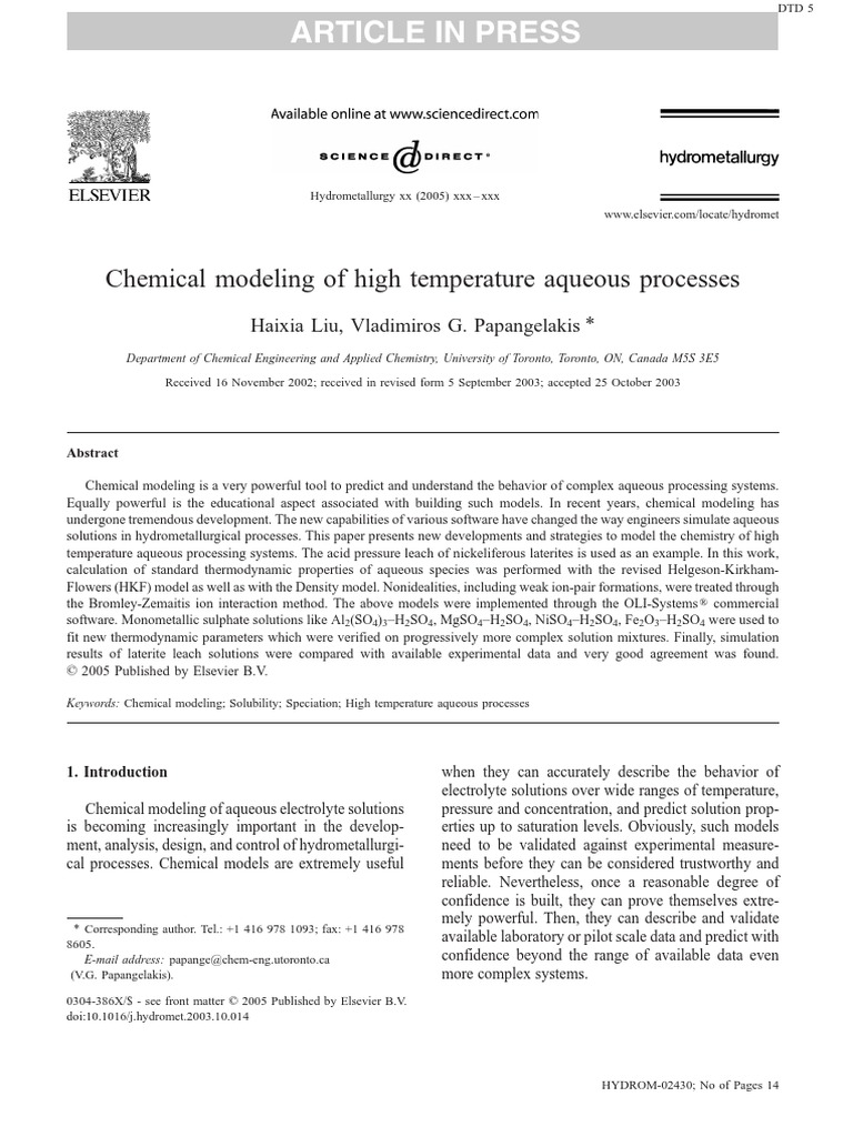 Chemical Modeling of High Temperature Aqueous Processes | PDF ...