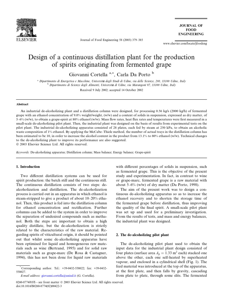 Design of A Continuous Distillation Plant For The Production of Spirits ...