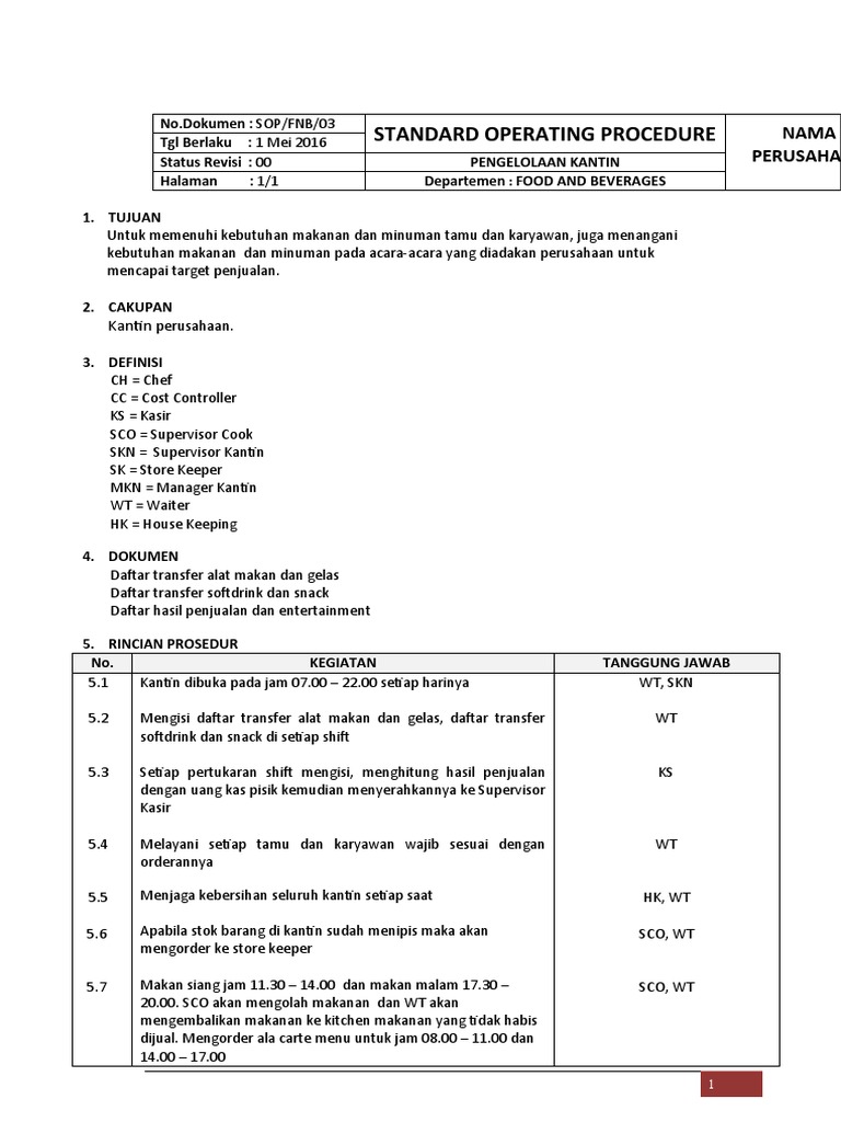 STANDAR OPERASIONAL PROSEDUR KANTIN | PDF