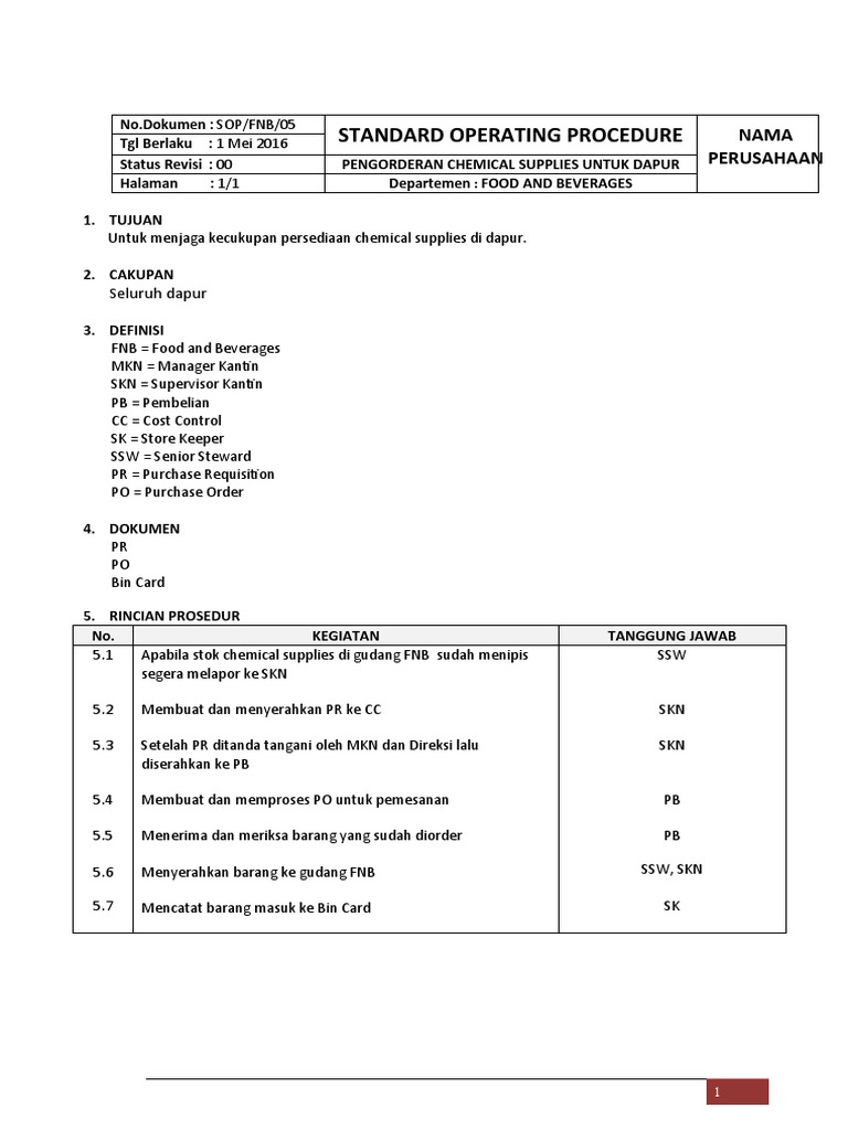 SOP Pengorderan Chemical Supplies Untuk Dapur | PDF