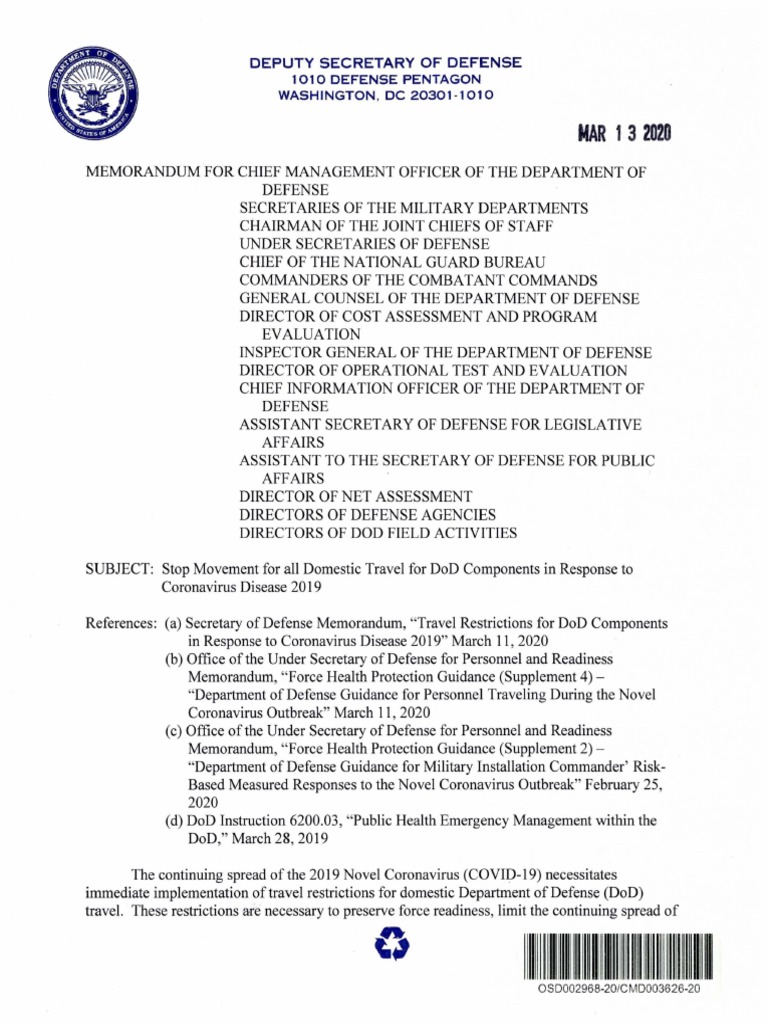 Defense Department Stop Travel Memo | PDF | United States Secretary Of ...