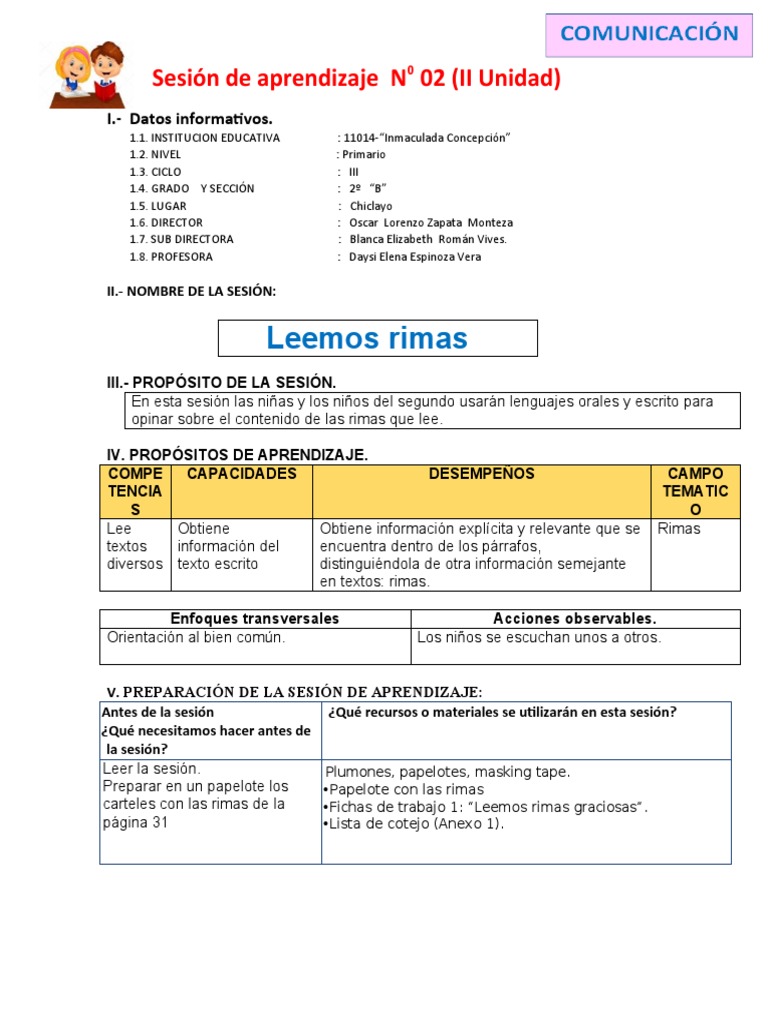 Sesión de Aprendizaje: Leemos Rimas | PDF | Psicología Educacional ...
