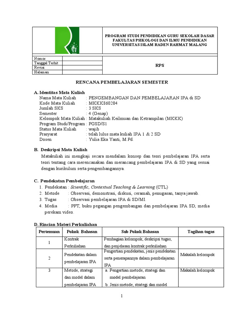 1.RPS Pengembangan Dan Pembelajaran IPA Di | PDF