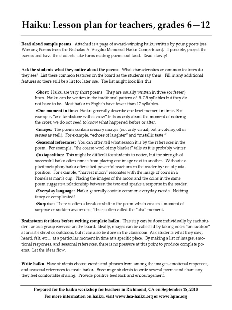 Workshop Richmond Haiku Lesson Plans | PDF | Haiku | Poetry