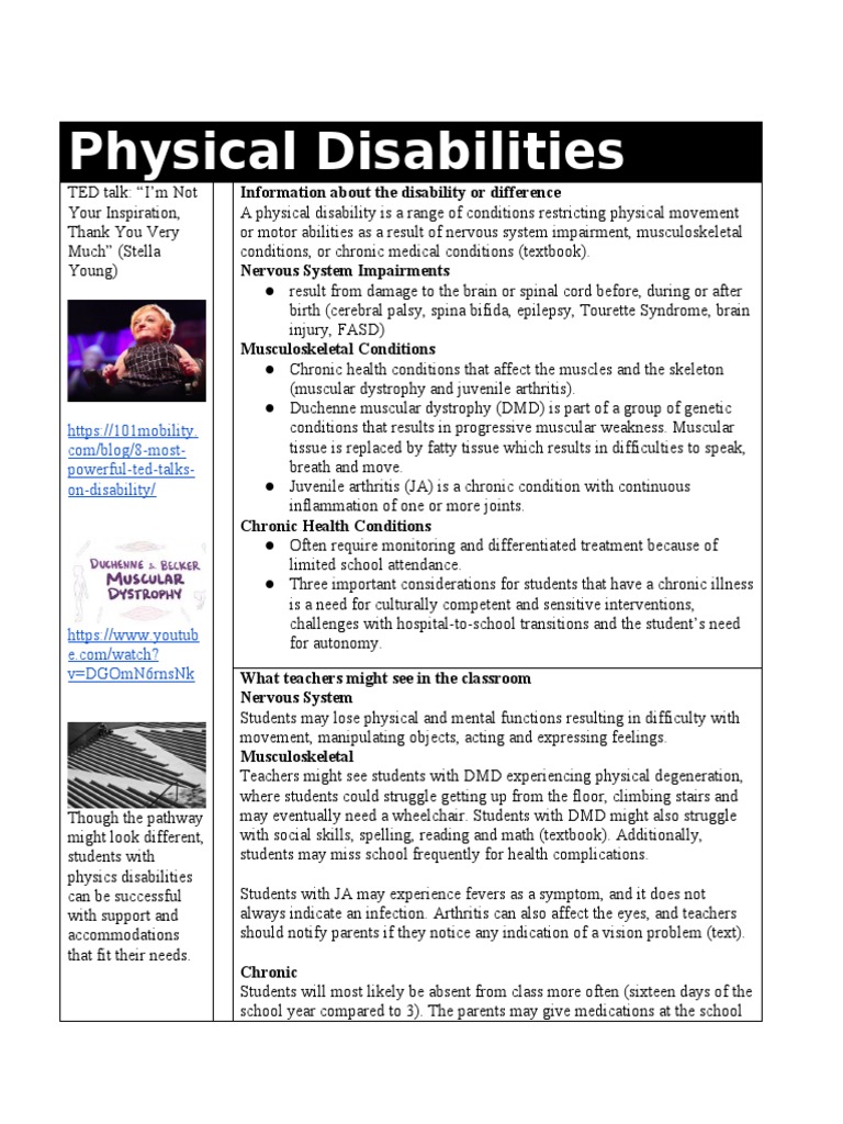 Physical Disabilities One Pager | PDF | Muscular Dystrophy | Disability