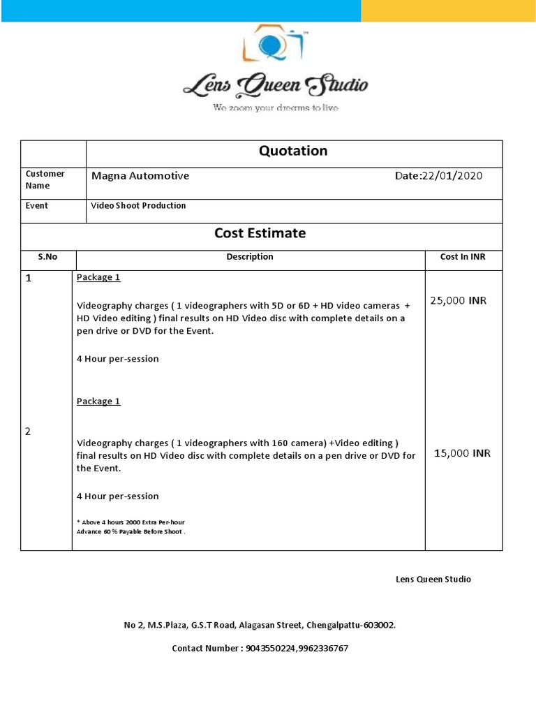 LQ Studio Quotation For Video Shoot 2020 PDF | PDF