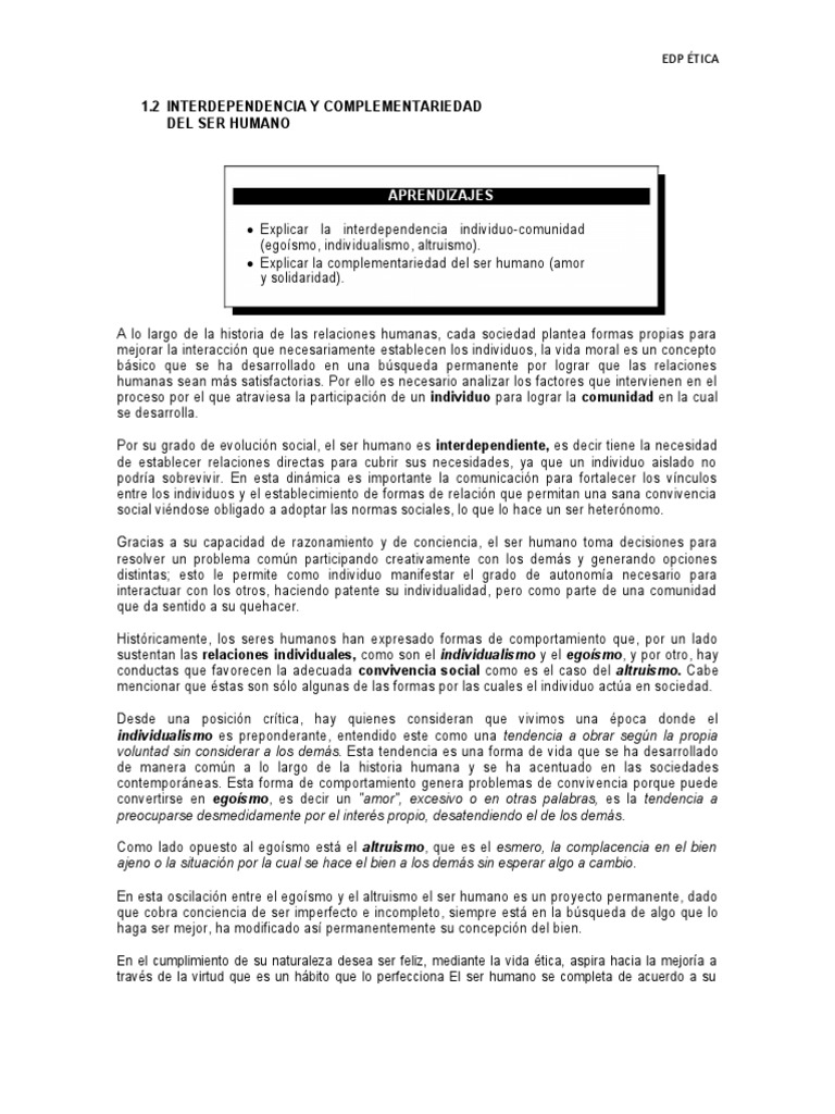 Interdependencia y Complementariedad Humana | PDF | Altruismo | Egoismo ...