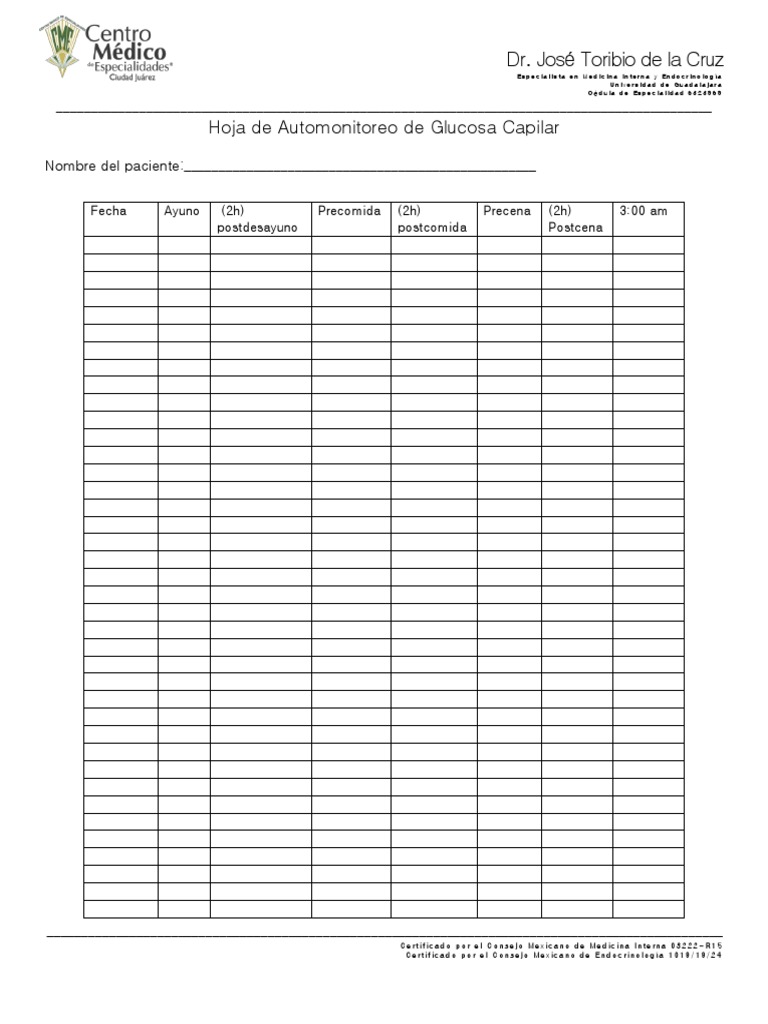Hoja de Automonitoreo de La Glucosa Capilar | PDF