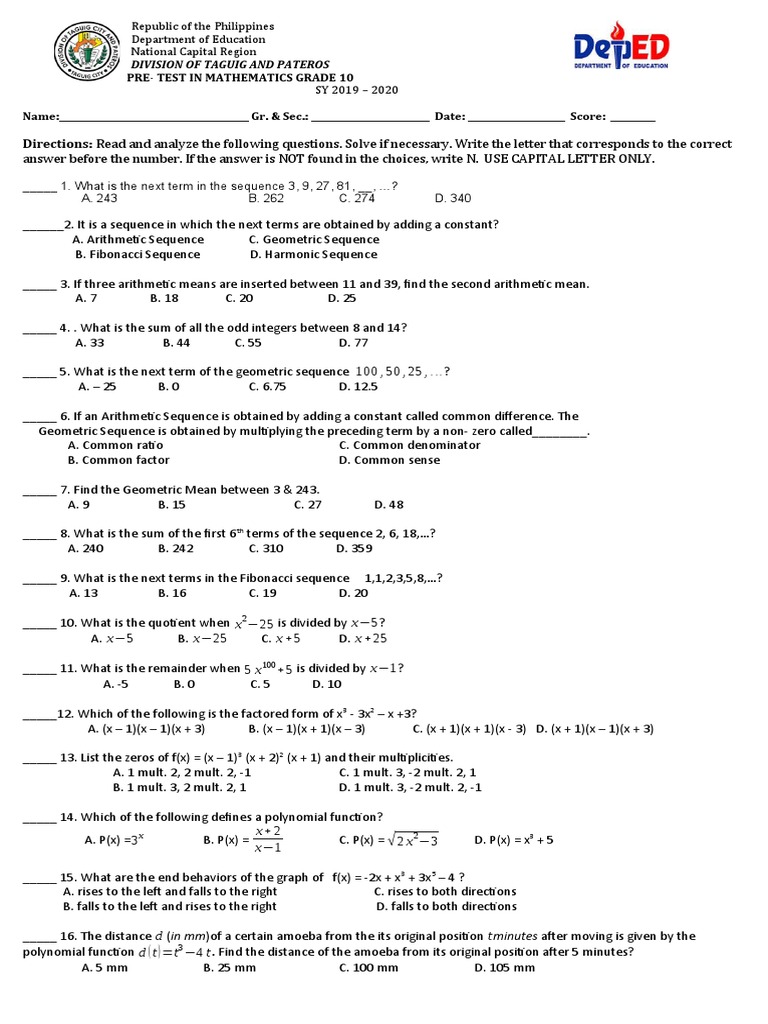 pre-test-grade-10-math-pdf-percentile-median