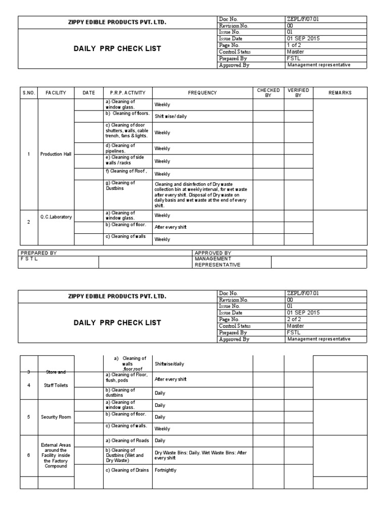 F - 07.01 - Daily PRP Checklist | PDF | Waste | Environmental Issues