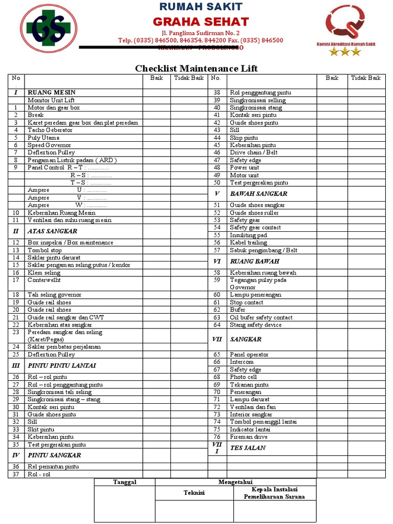 Checklist Pemeliharaan Lift Lengkap | PDF
