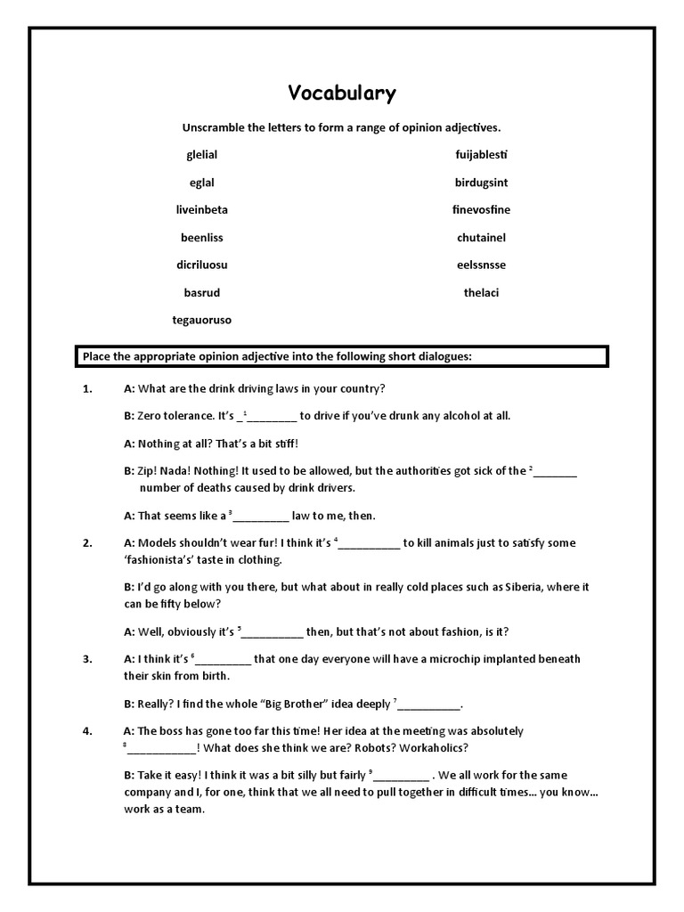 Opinion Vocab Review Sheet - Upper Int Advanced | PDF