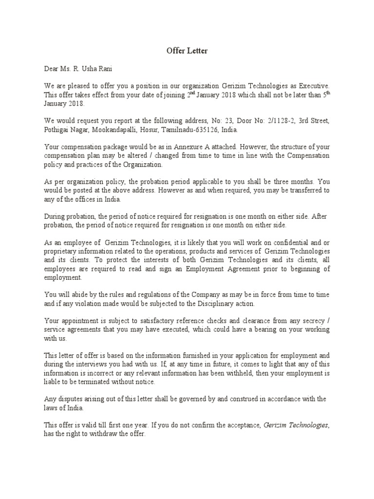 Employee Offer Letter - Template | PDF | Employment | Salary