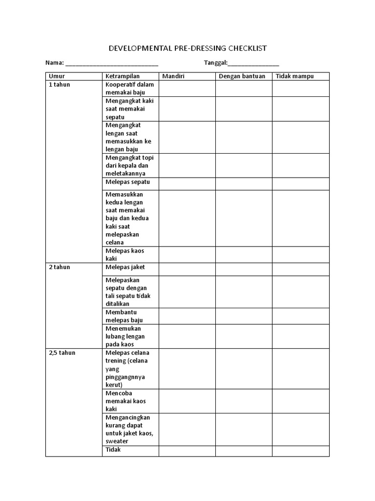 DEVELOPMENTAL PRE Dressing Checklist | PDF