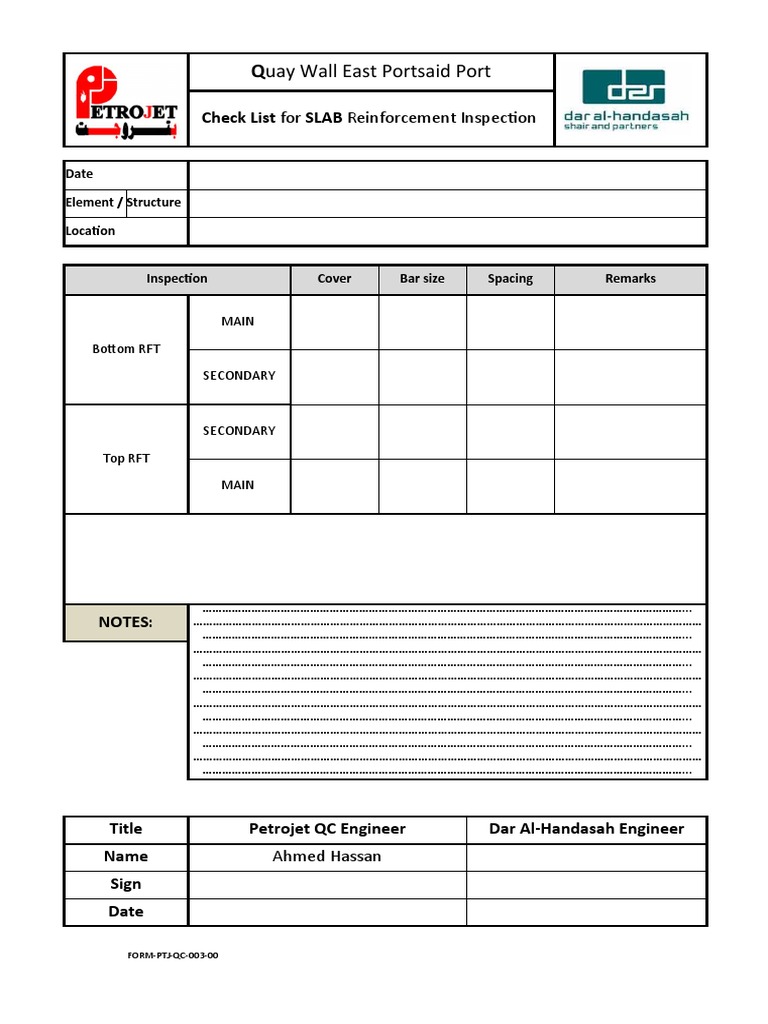 CHECK LIST FOR Slab RFT | PDF