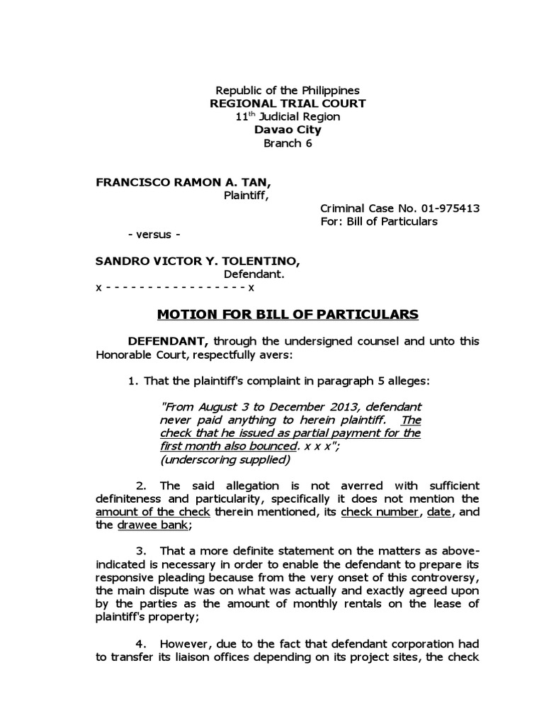 Motion For Bill of Particulars | PDF | Pleading | Separation Of Powers