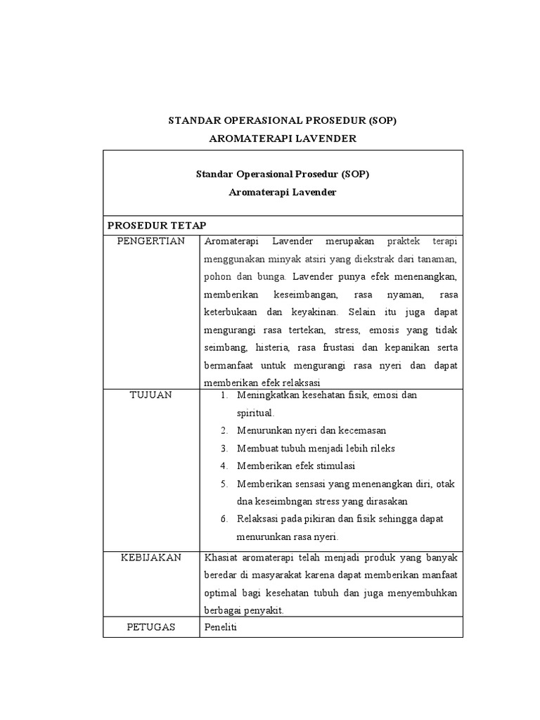 SOP Pemberian Aromaterapi Lavender | PDF
