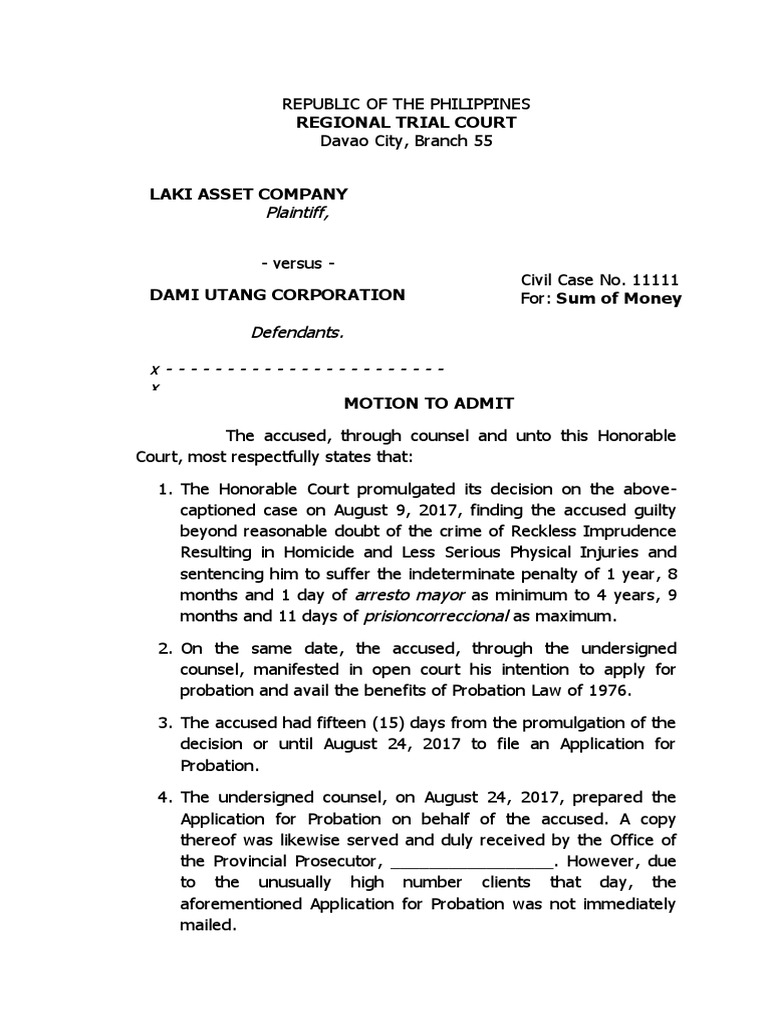 Motion To Admit | PDF | Equity (Law) | Lawsuit