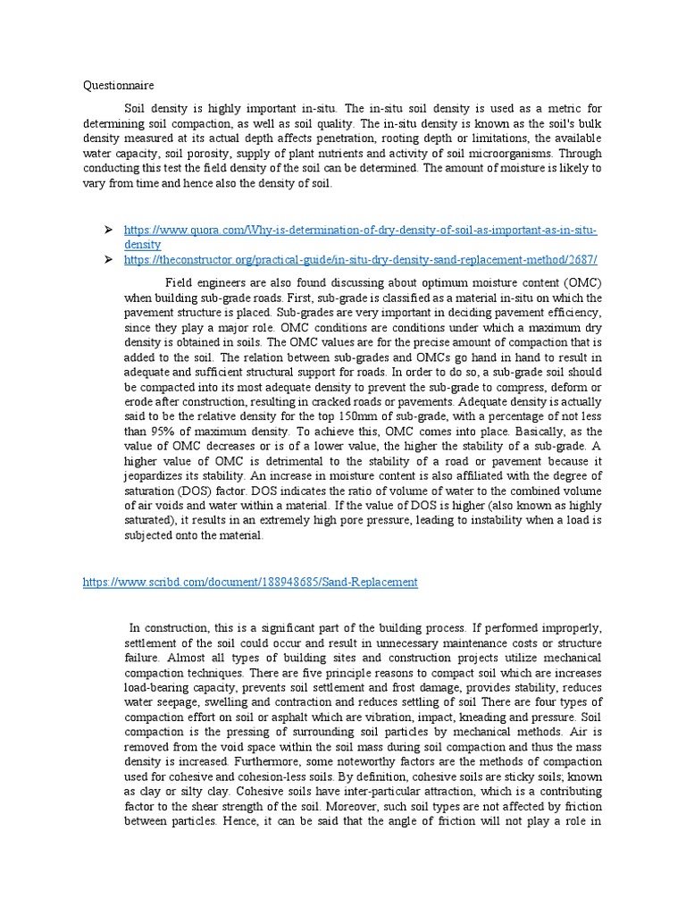 Questionnaire and Conclusion Sand Replacement | PDF | Soil | Soil Mechanics