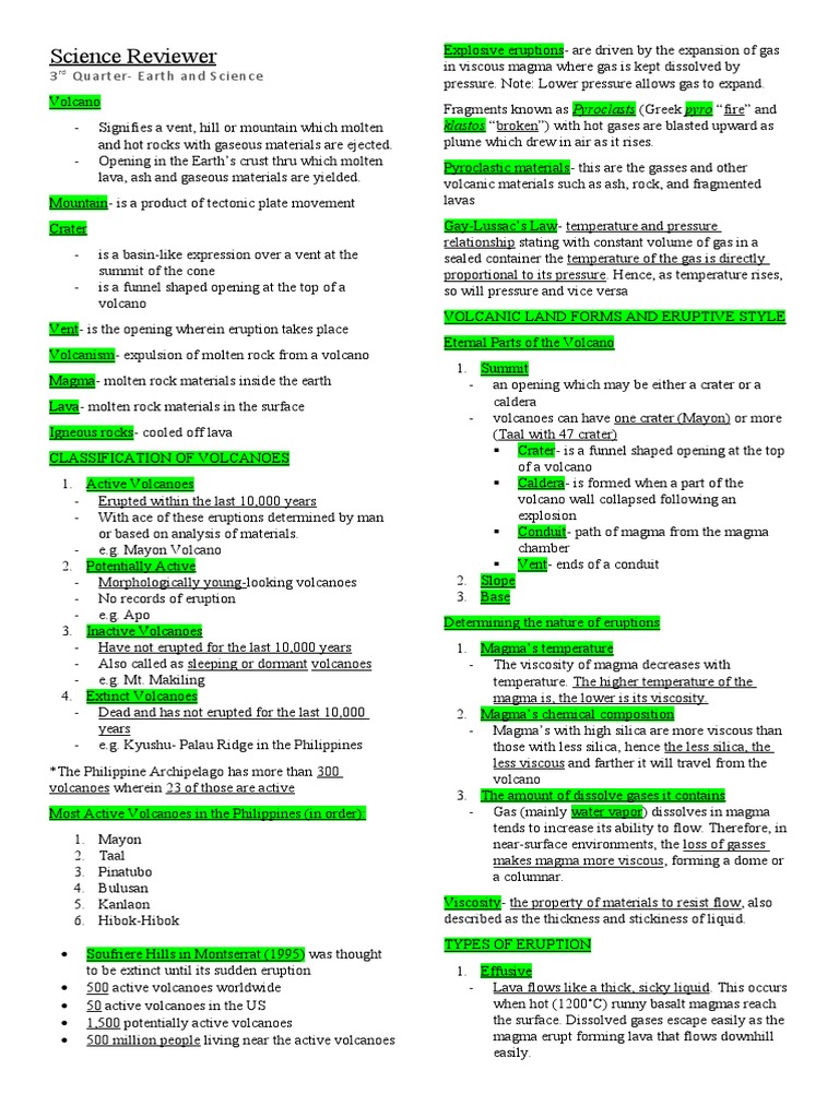 Grade 9 Science Reviewer-3rd Quarter SRSTHS | PDF | Volcano | Lava