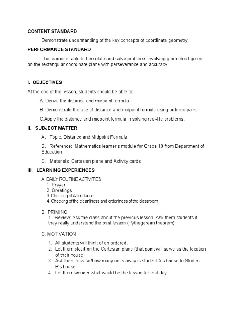 Grade 10 Midpoint and Distance Formulas | PDF | Distance | Cartesian ...