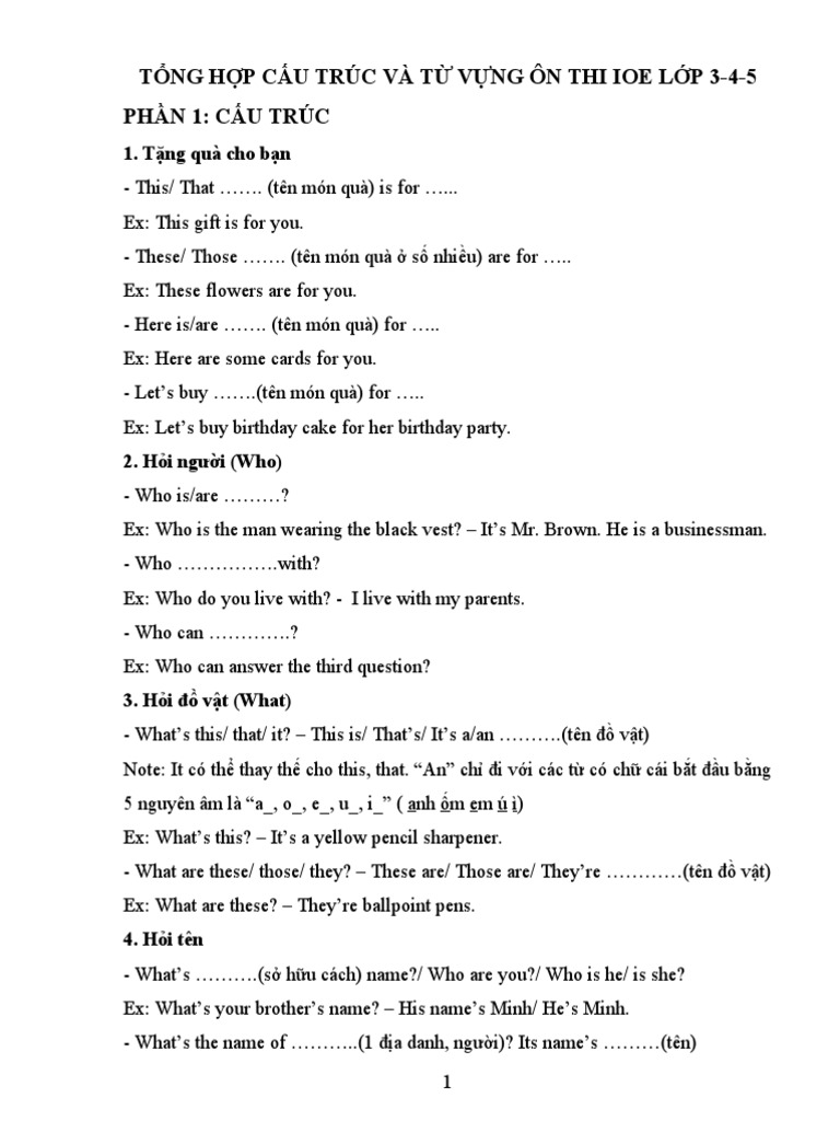 Tong Hop Cau Truc Va Tu Vung On Thi Ioe Lop 3 4 5 | PDF | Laos | Vietnam