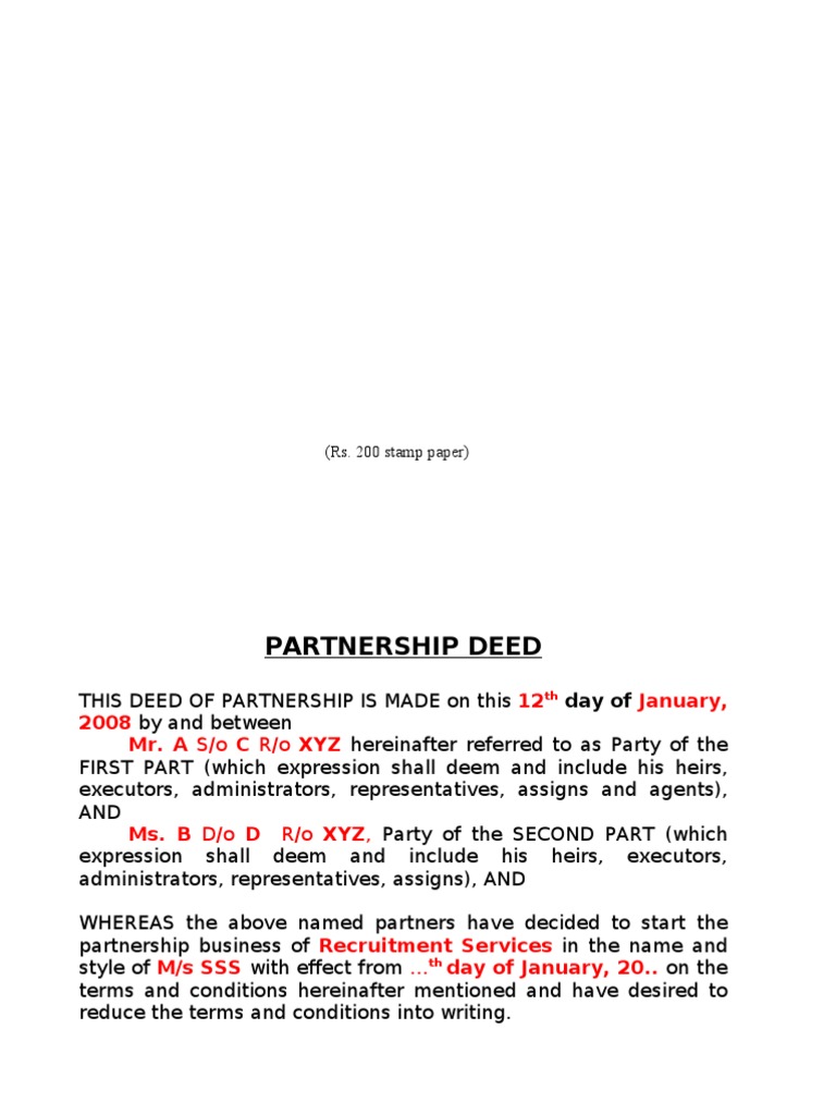 Sample Partnership Deed Template | PDF | Partnership | Business Law